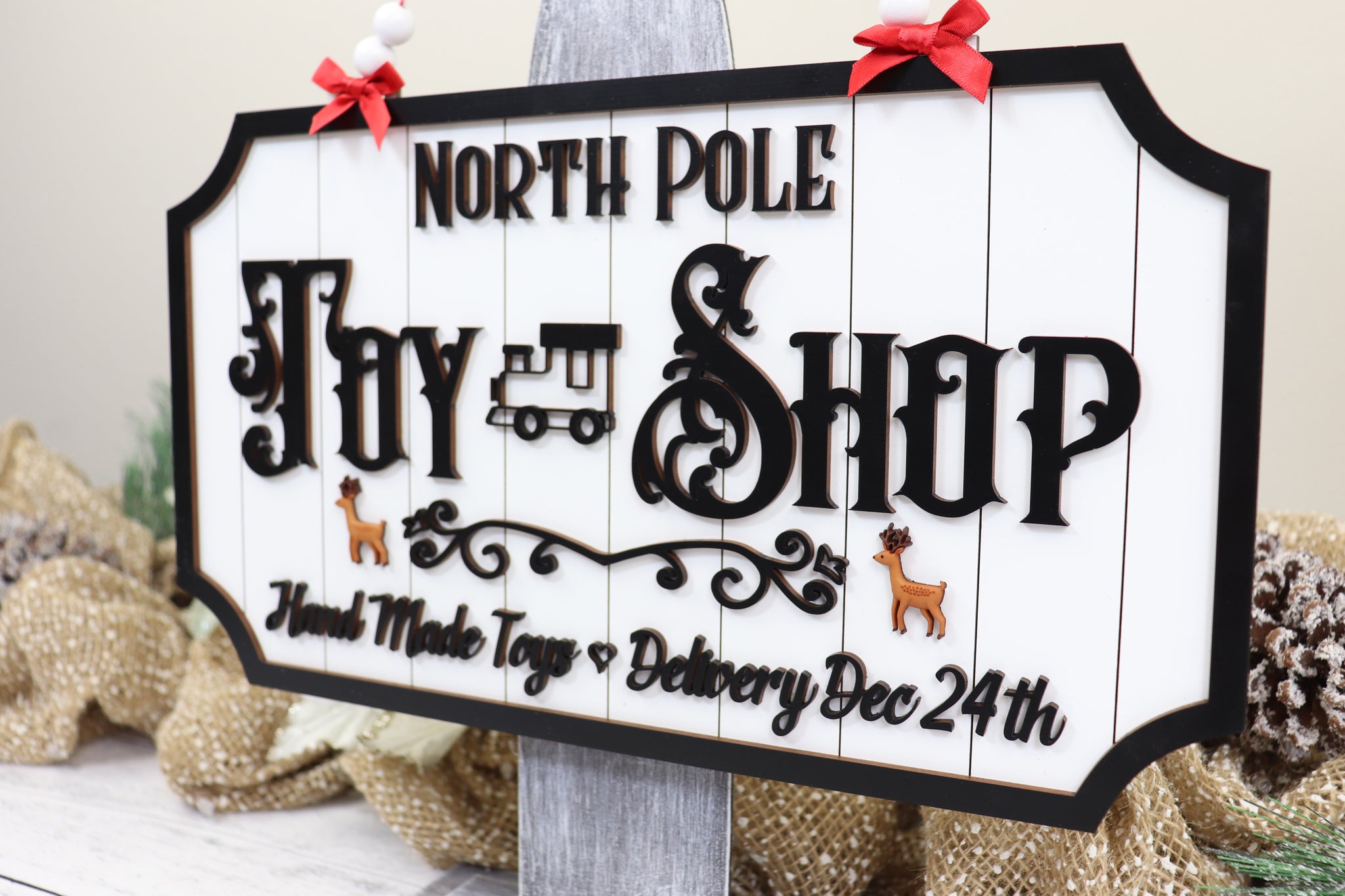 Handmade Christmas Wooden Sign "North Pole Toy Shop" | Sew Lucky Embroidery